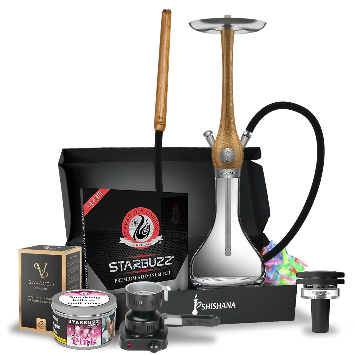 Wookah Oak Smooth Clear Prestige Hookah Bundle | Quasar Raas 2 + Starbuzz Pink 250g – Shishana.co.uk
